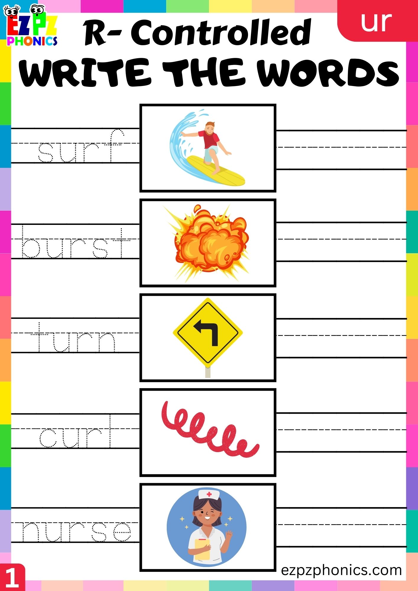 Write the words worksheet for ur words R Controlled Vowels group 1 - ezpzphonics.com